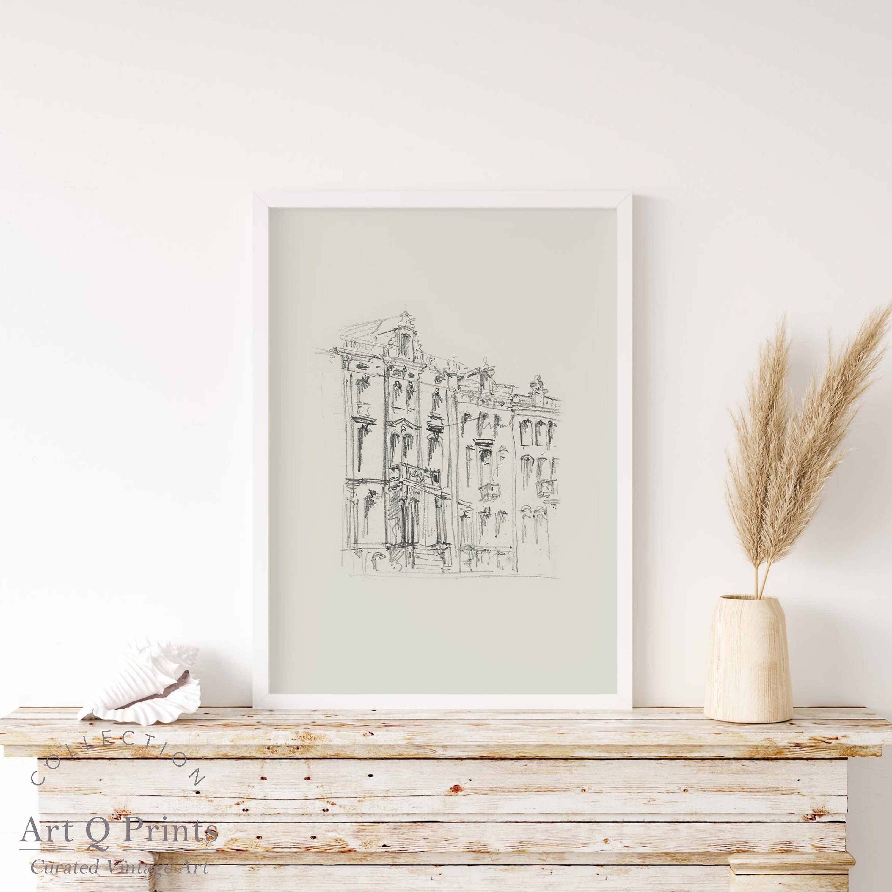 Cityscape Wall Art Print, Digital File, Graphite Drawing on Gray Paper ...
