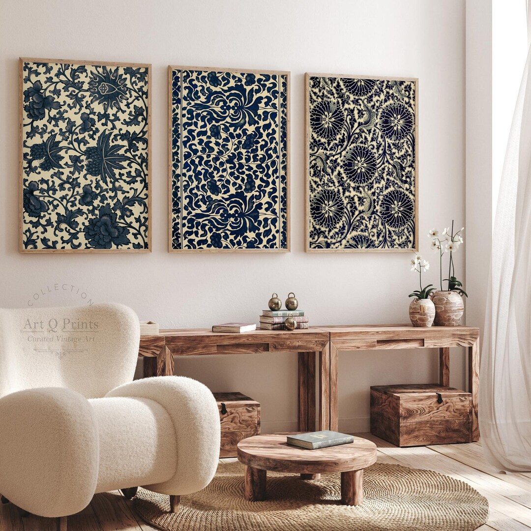 Set of 3 Patterns Prints, Navy Blue Tones, Living Room Decor, Dinning ...