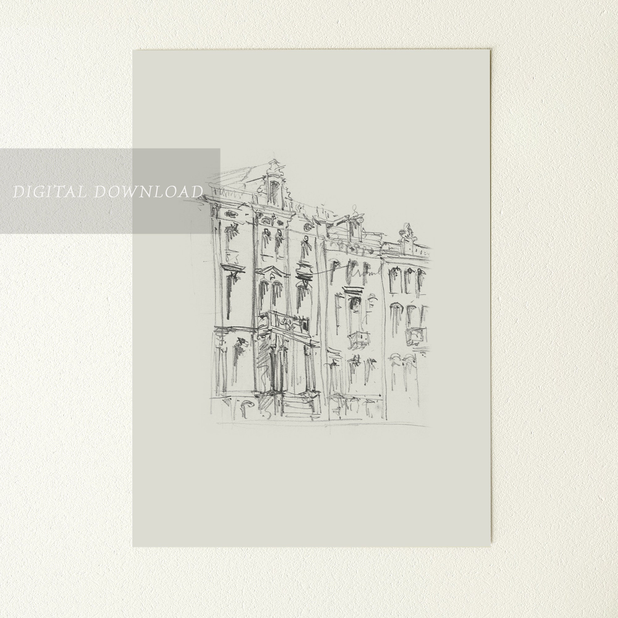 Cityscape Wall Art Print, Digital File, Graphite Drawing on Gray Paper ...