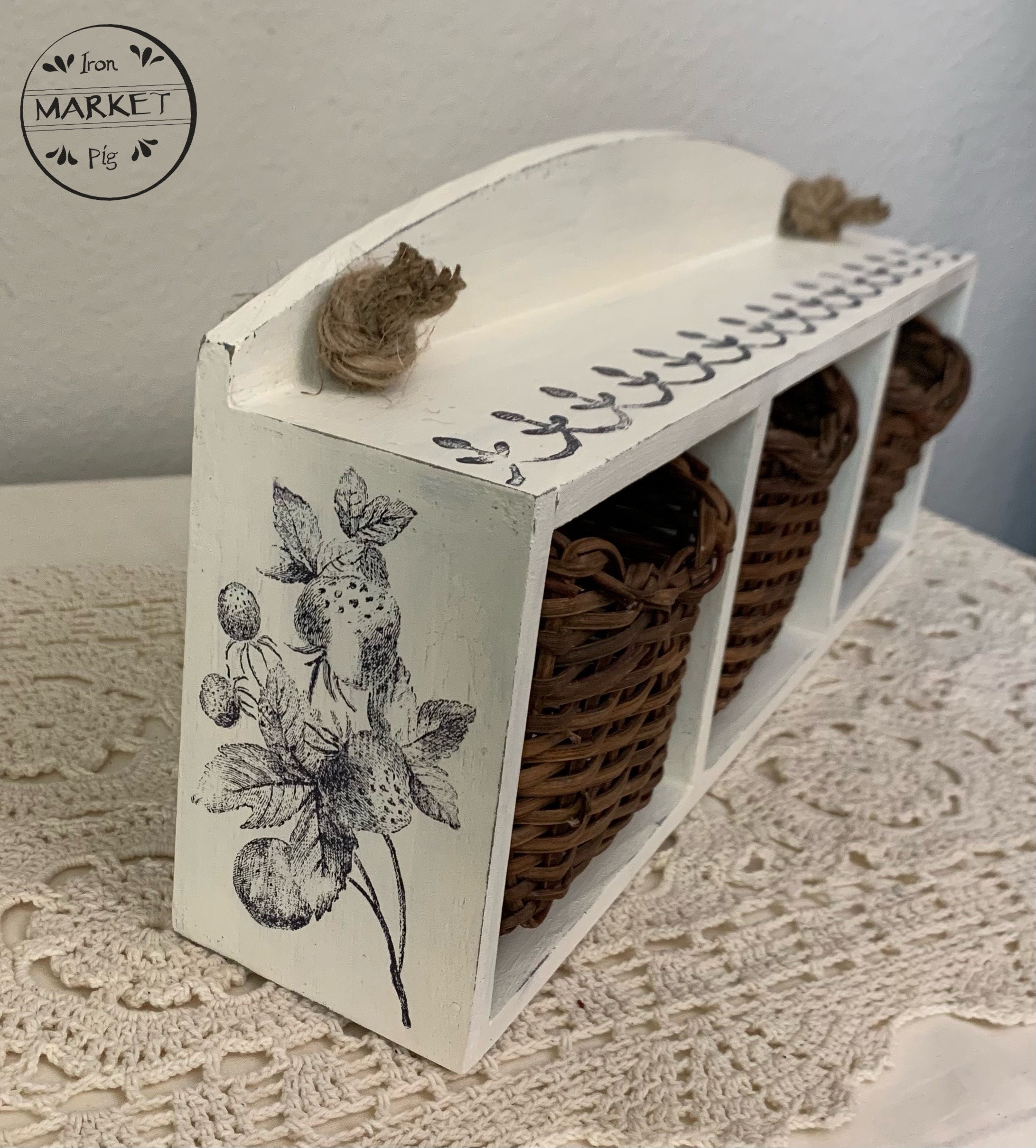 Vintage Repurposed Wood Shelf With Small Wicker Baskets / Cottage Decor ...