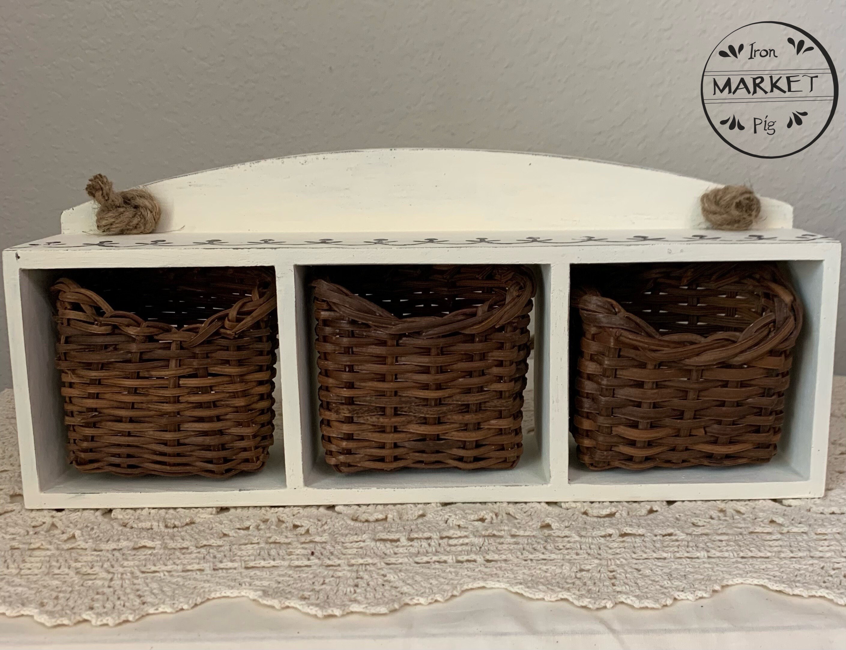 Vintage Repurposed Wood Shelf With Small Wicker Baskets / Cottage Decor ...