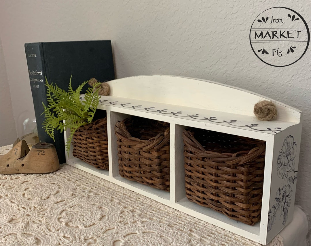 Vintage Repurposed Wood Shelf With Small Wicker Baskets / Cottage Decor ...