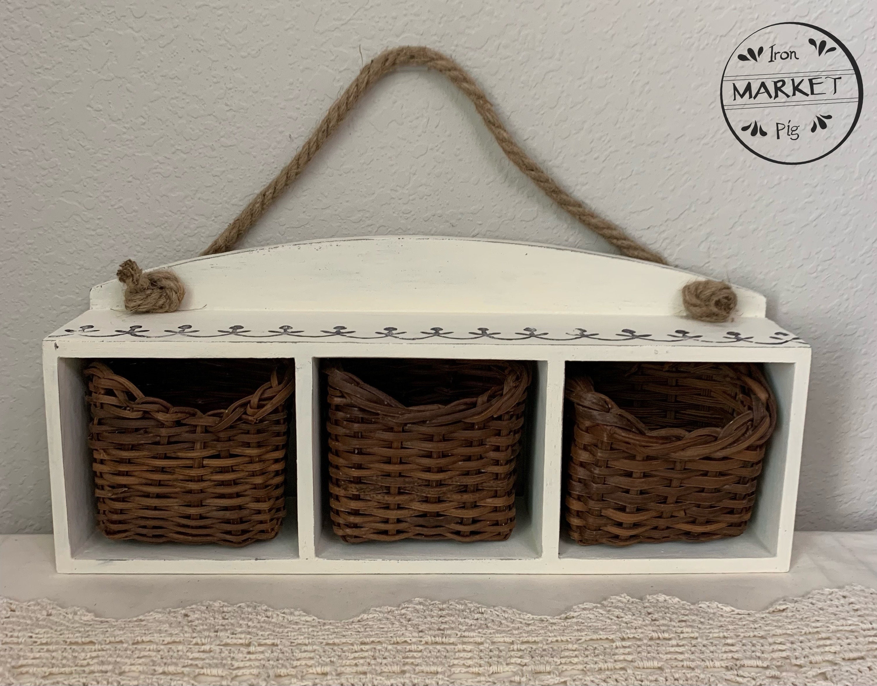 Vintage Repurposed Wood Shelf With Small Wicker Baskets / Cottage Decor ...
