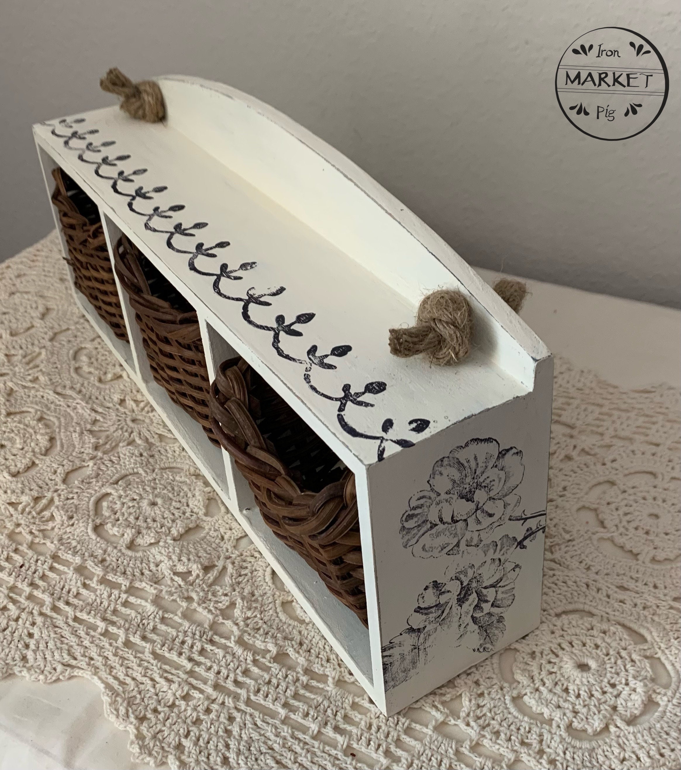 Vintage Repurposed Wood Shelf With Small Wicker Baskets / Cottage Decor ...