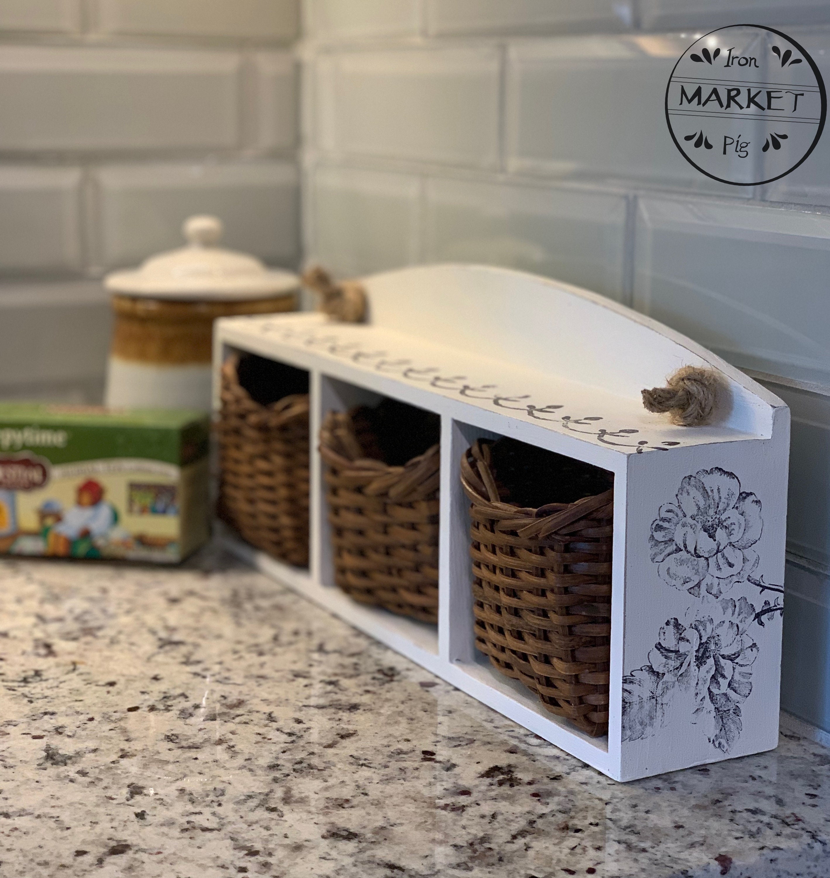 Vintage Repurposed Wood Shelf With Small Wicker Baskets / Cottage Decor ...