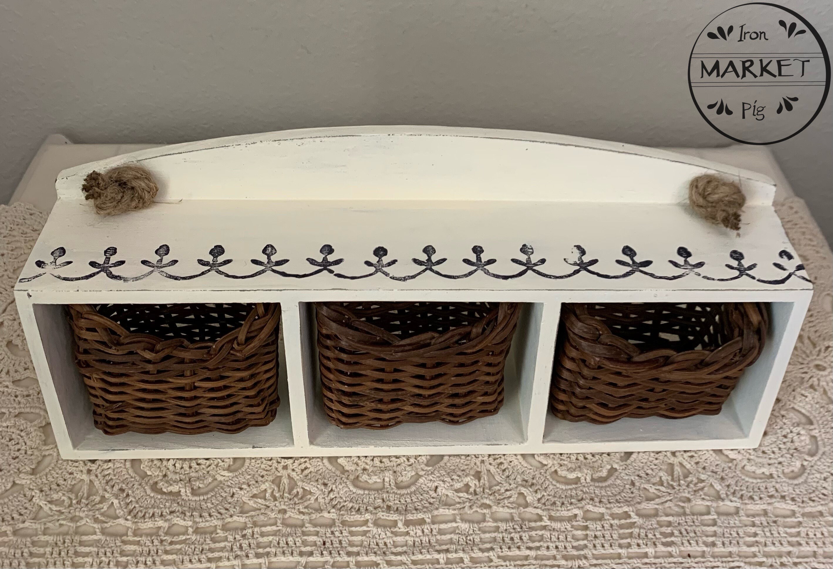 Vintage Repurposed Wood Shelf With Small Wicker Baskets / Cottage Decor ...