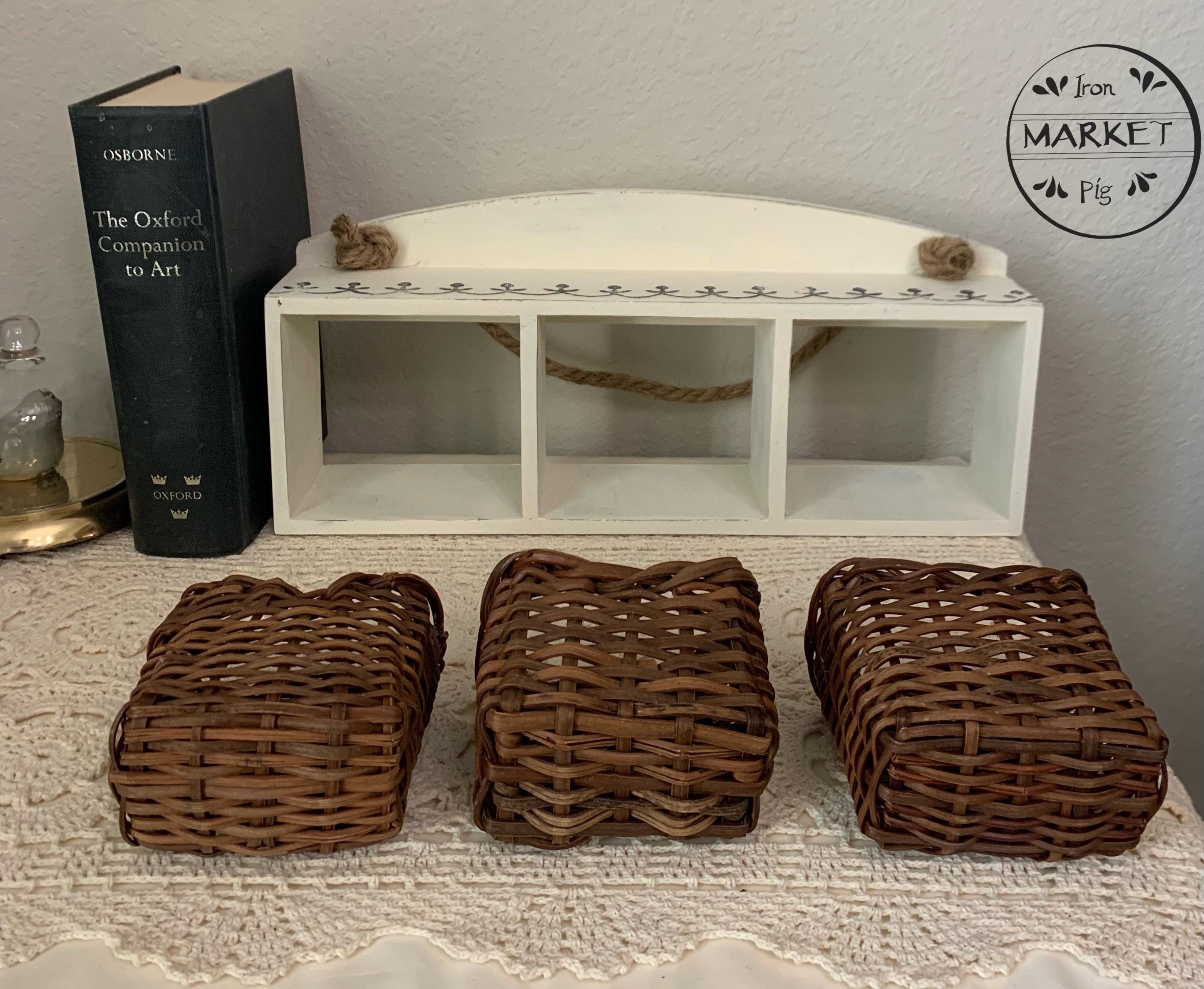 Vintage Repurposed Wood Shelf With Small Wicker Baskets / Cottage Decor ...