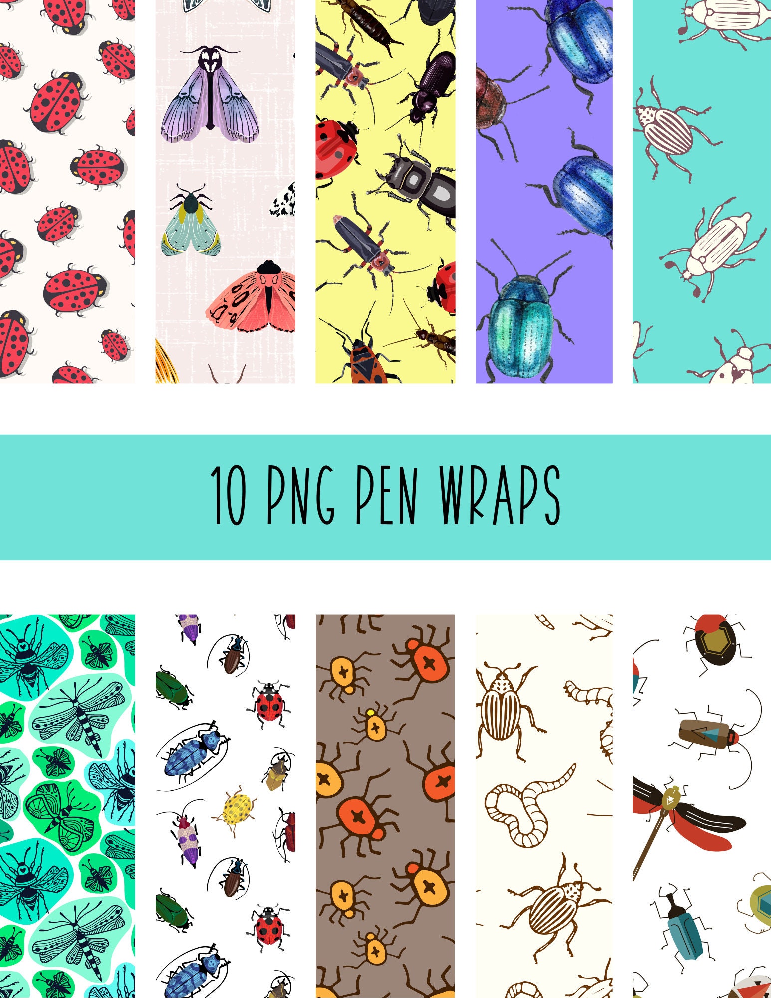 10 Digital Bug Themed PNG Pen Wraps, Instant Download, Printable ...