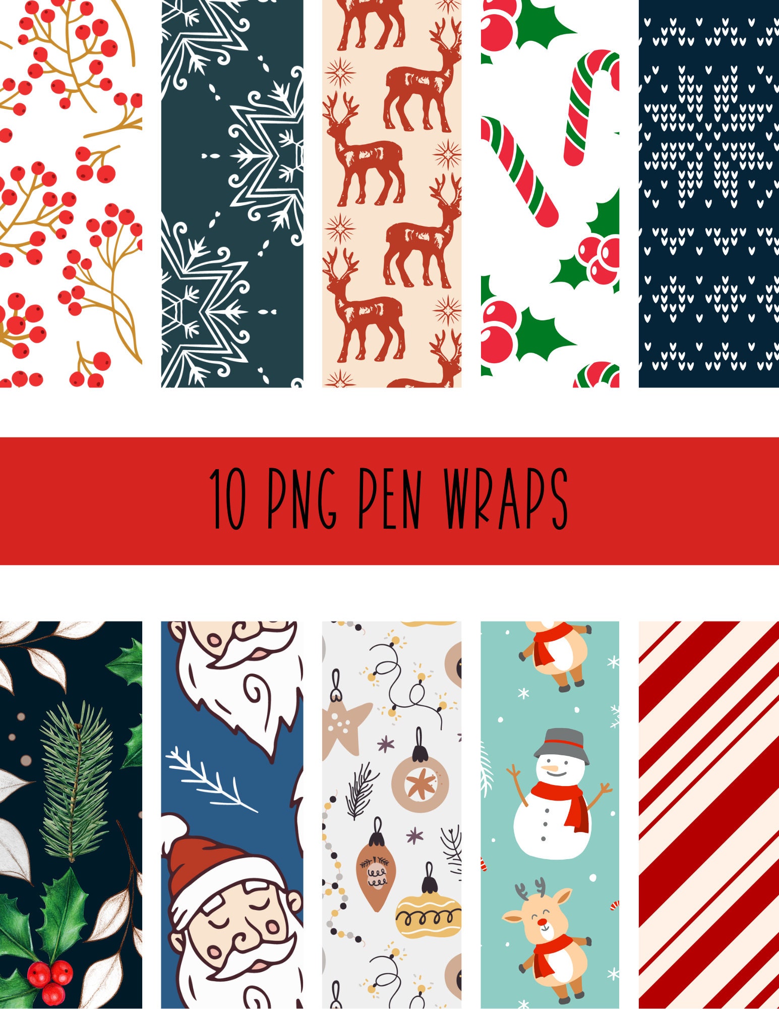 10 Digital Christmas PNG Pen Wraps, Instant Download, Printable ...