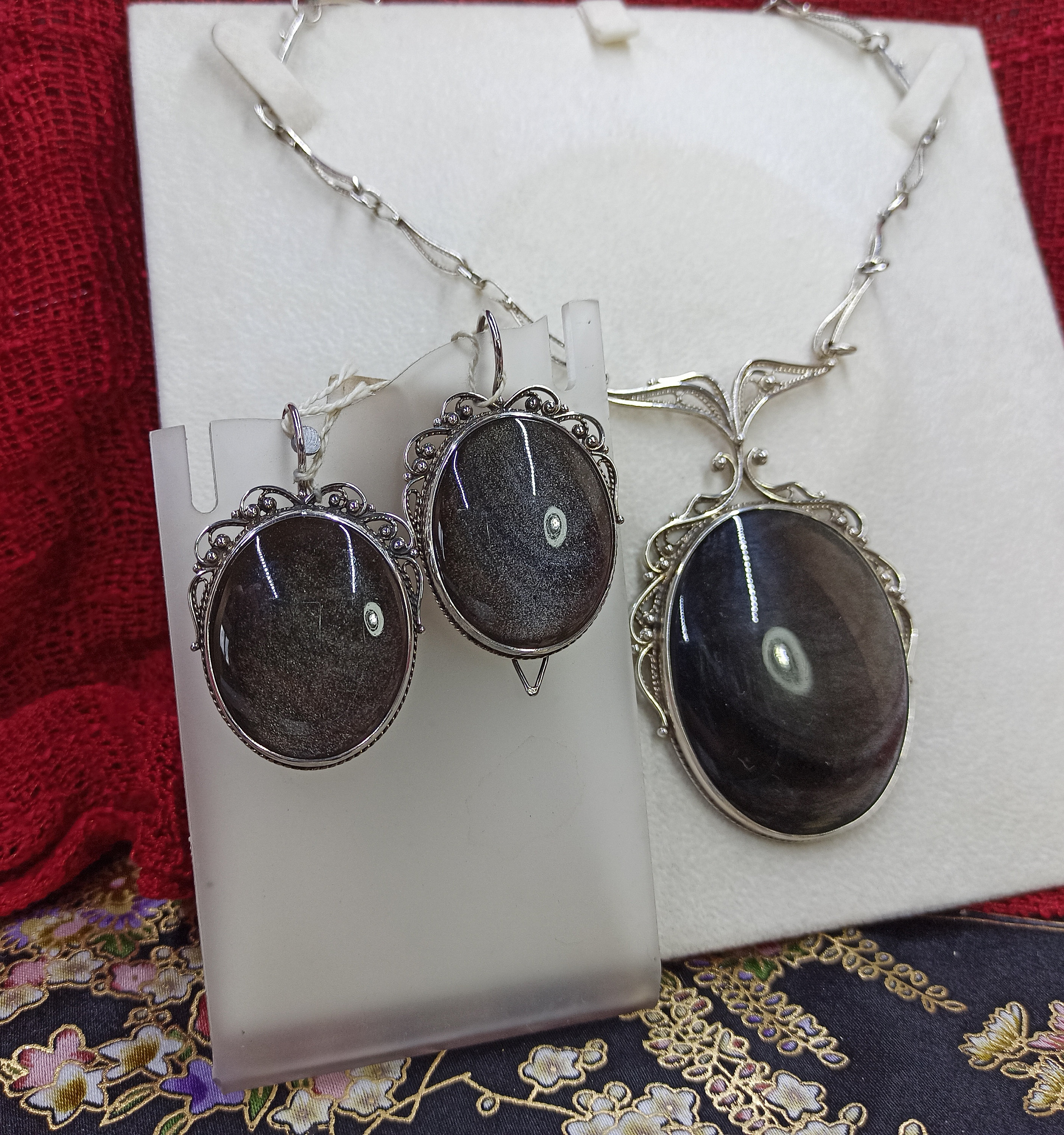 Natural black obsidian Vintage silver Jewelry set 925 | Etsy