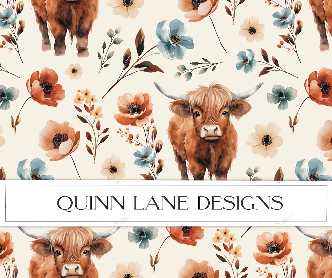 Cute Highland Cow Seamless Pattern, Watercolor Style Flowers, Farm ...