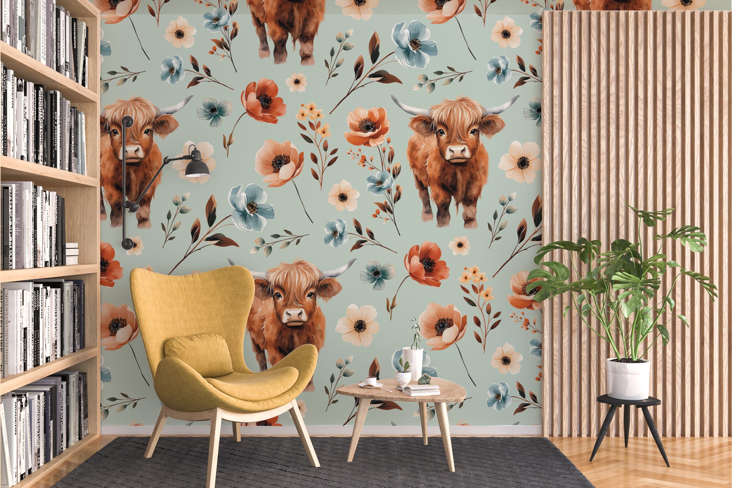 Highland Cow Seamless Pattern, Watercolor Flowers (JPG, PNG Digital ...