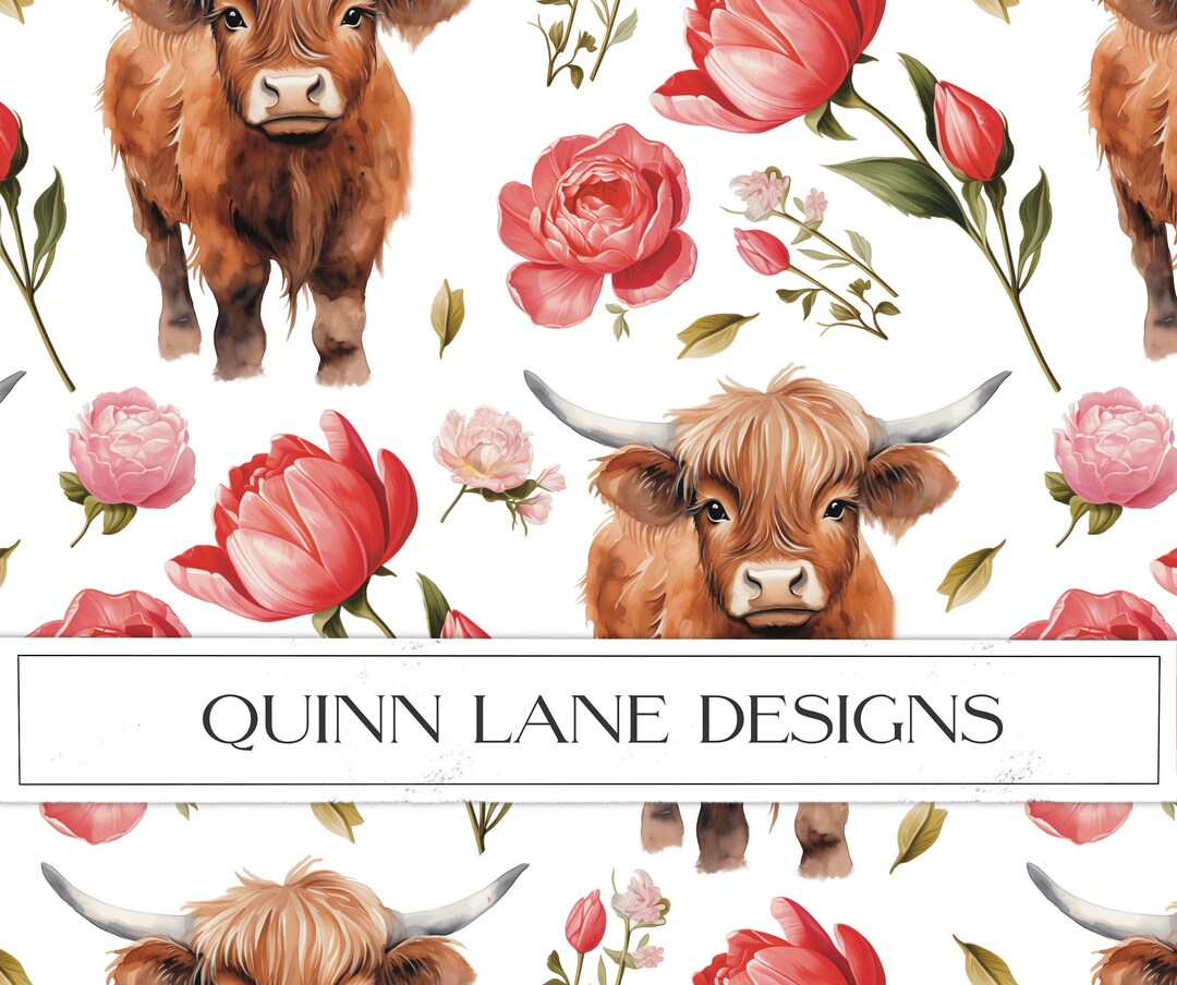 Cute Highland Cow and Red Floral Seamless Pattern, Pink Watercolor ...