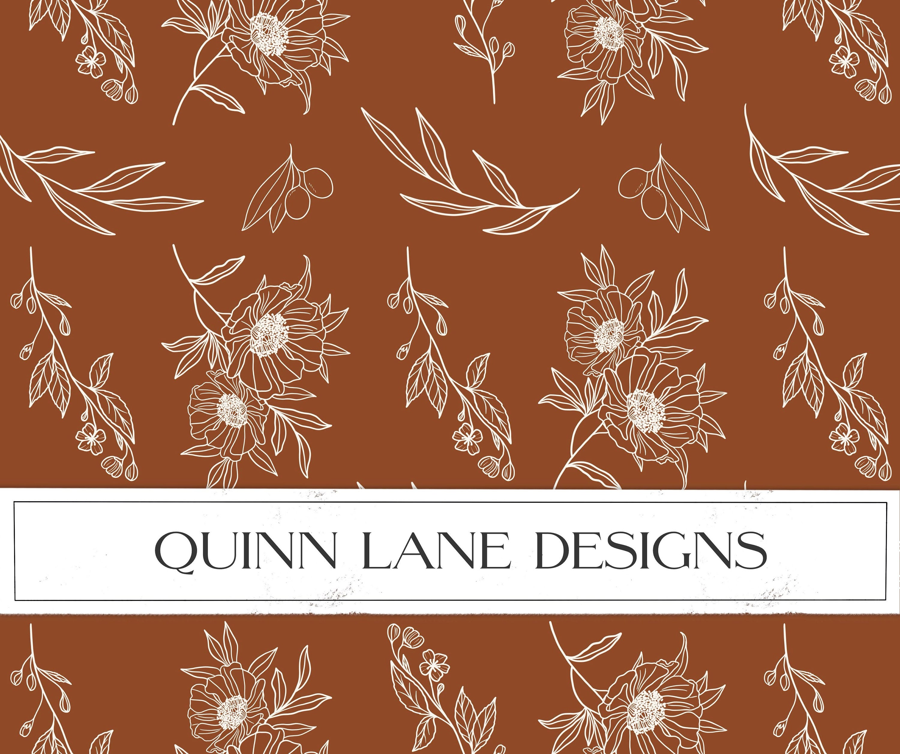 Floral Line Art on Rust Background Seamless Pattern, Floral Digital ...