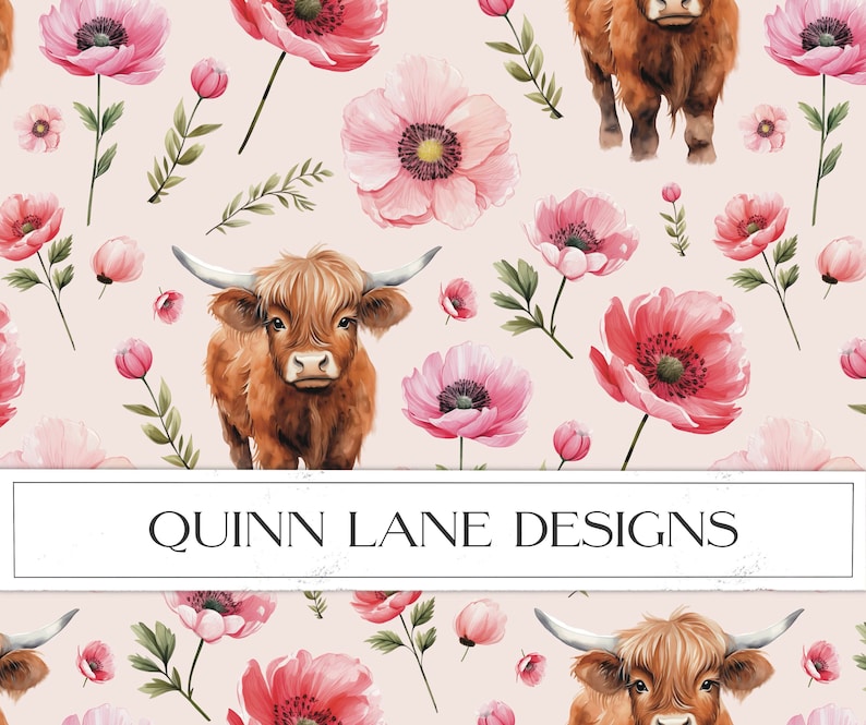 Cute Baby Highland Cow Seamless Pattern, Pink Watercolor Style Flowers ...