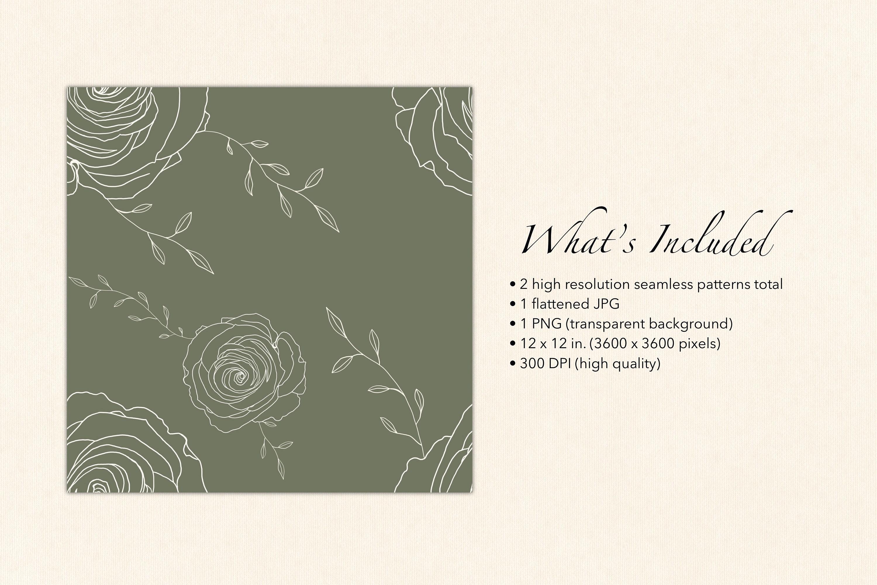 Sage Green Surface Pattern, Minimalist Rose Pattern, Line Art Pattern ...
