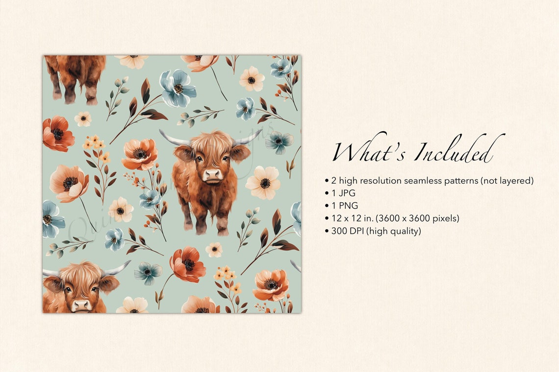 Highland Cow Seamless Pattern, Watercolor Flowers (JPG, PNG Digital ...