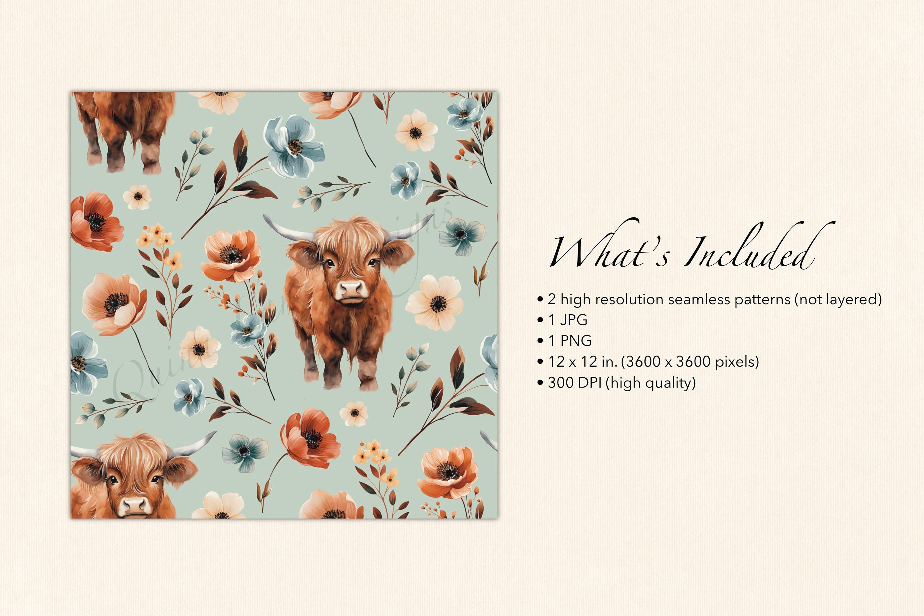 Cute Baby Highland Cow Seamless Pattern, Watercolor Style Flowers, Farm ...