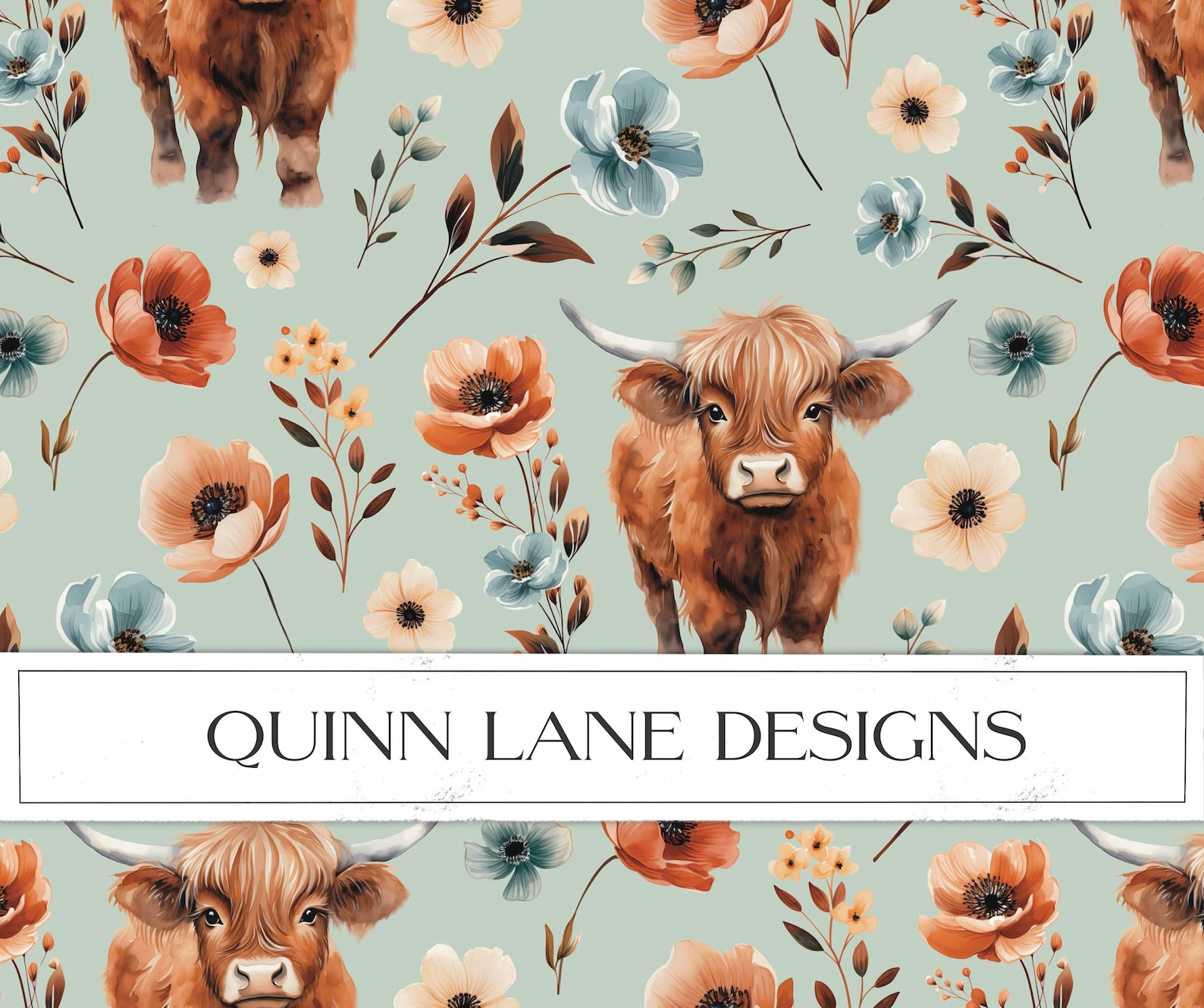 Cute Baby Highland Cow Seamless Pattern, Watercolor Style Flowers, Farm ...