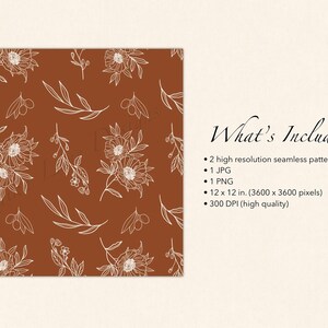 Floral Line Art on Rust Background Seamless Pattern, Floral Digital ...