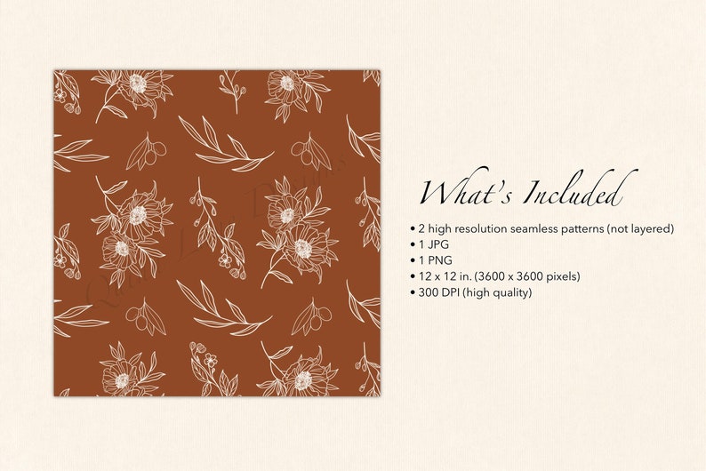 Floral Line Art on Rust Background Seamless Pattern, Floral Digital ...