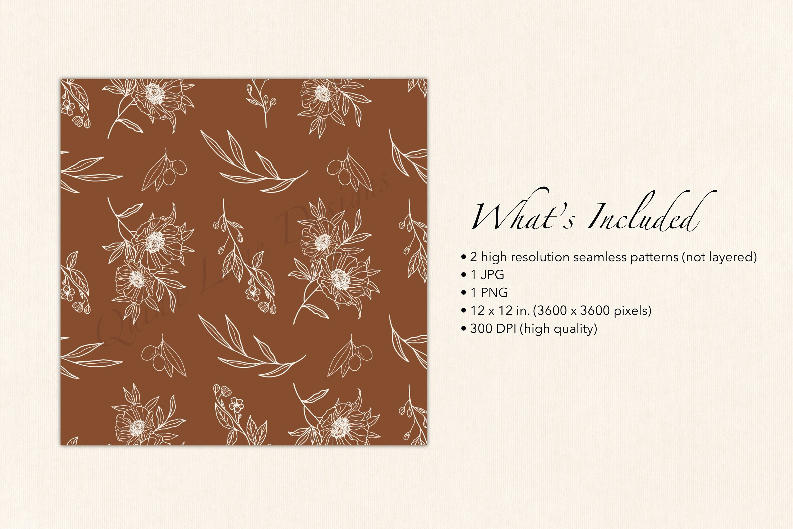 Floral Line Art on Rust Background Seamless Pattern, Floral Digital ...