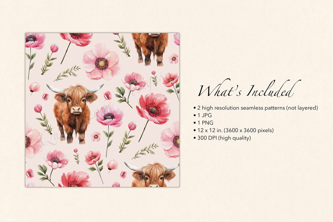 Cute Baby Highland Cow Seamless Pattern, Pink Watercolor Style Flowers ...