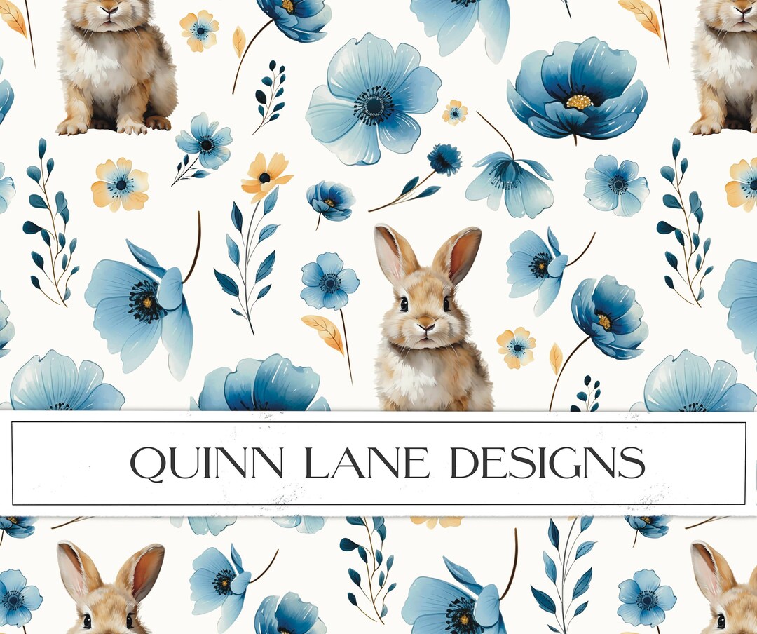 Cute Blue Easter Bunny Seamless Pattern, Watercolor Style Flowers ...