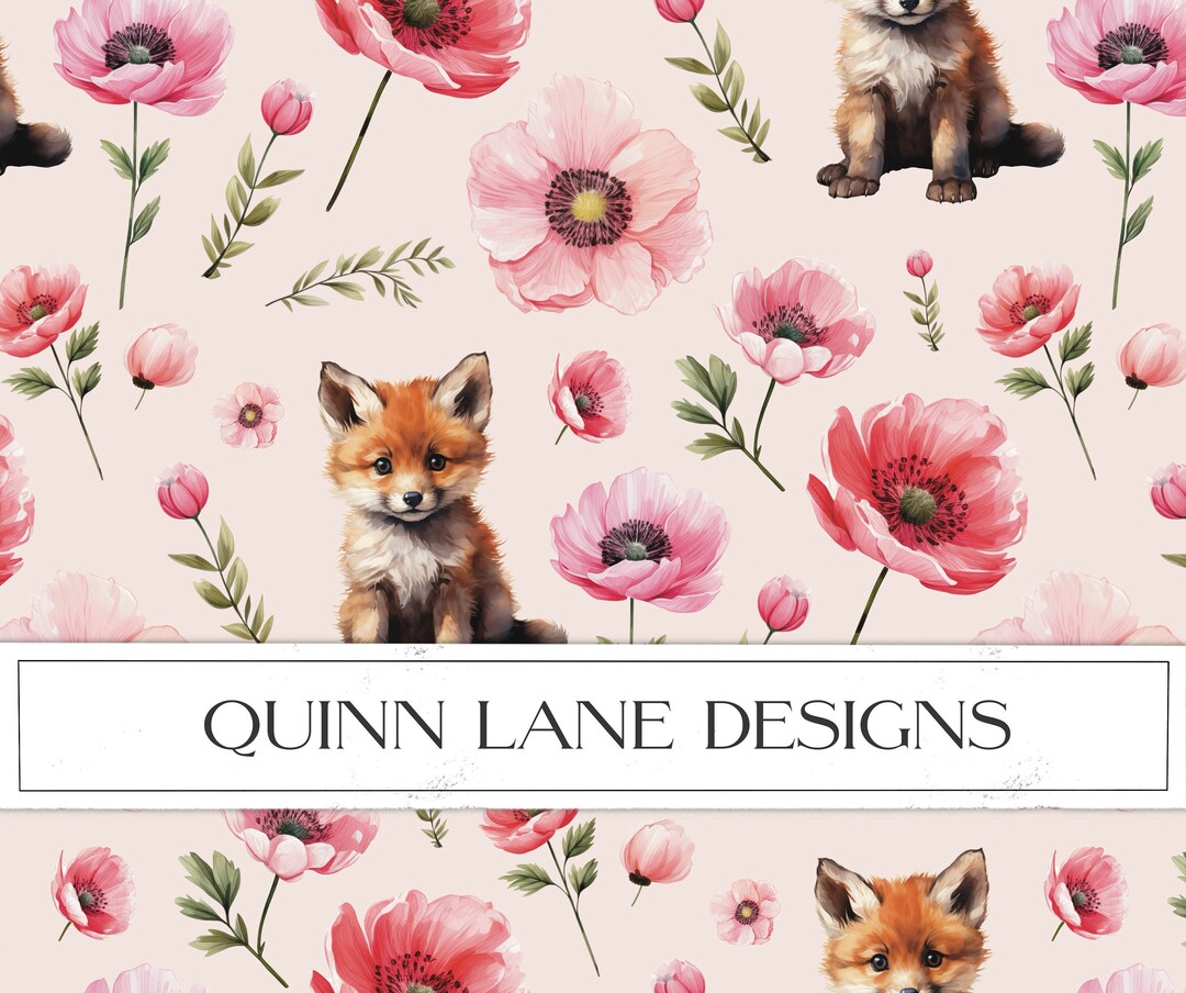 Cute Pink Baby Fox Floral Seamless Pattern, Pink, Red Watercolor ...