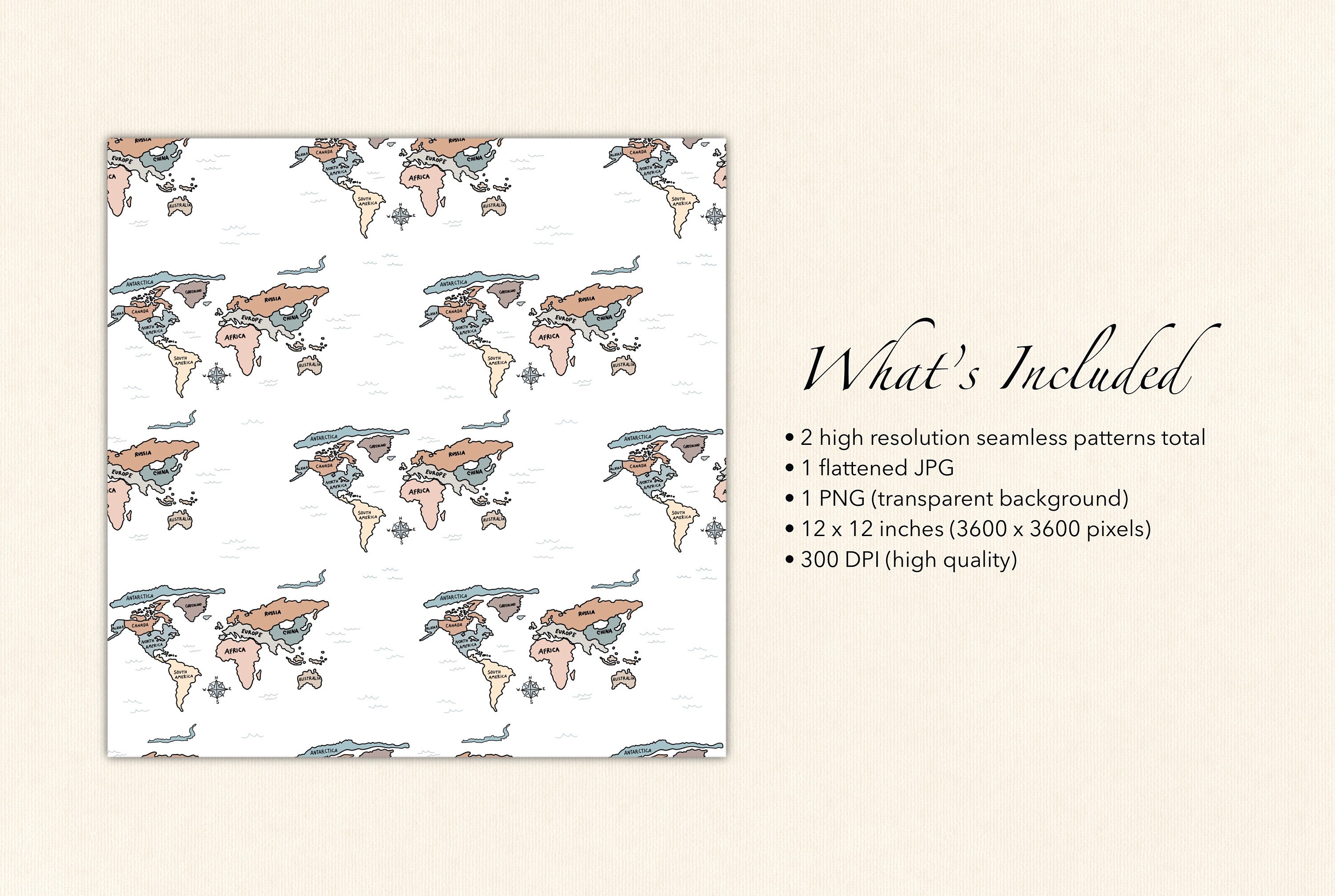 Boho World Map Seamless Pattern, Travel Fabric Print (digital Download ...