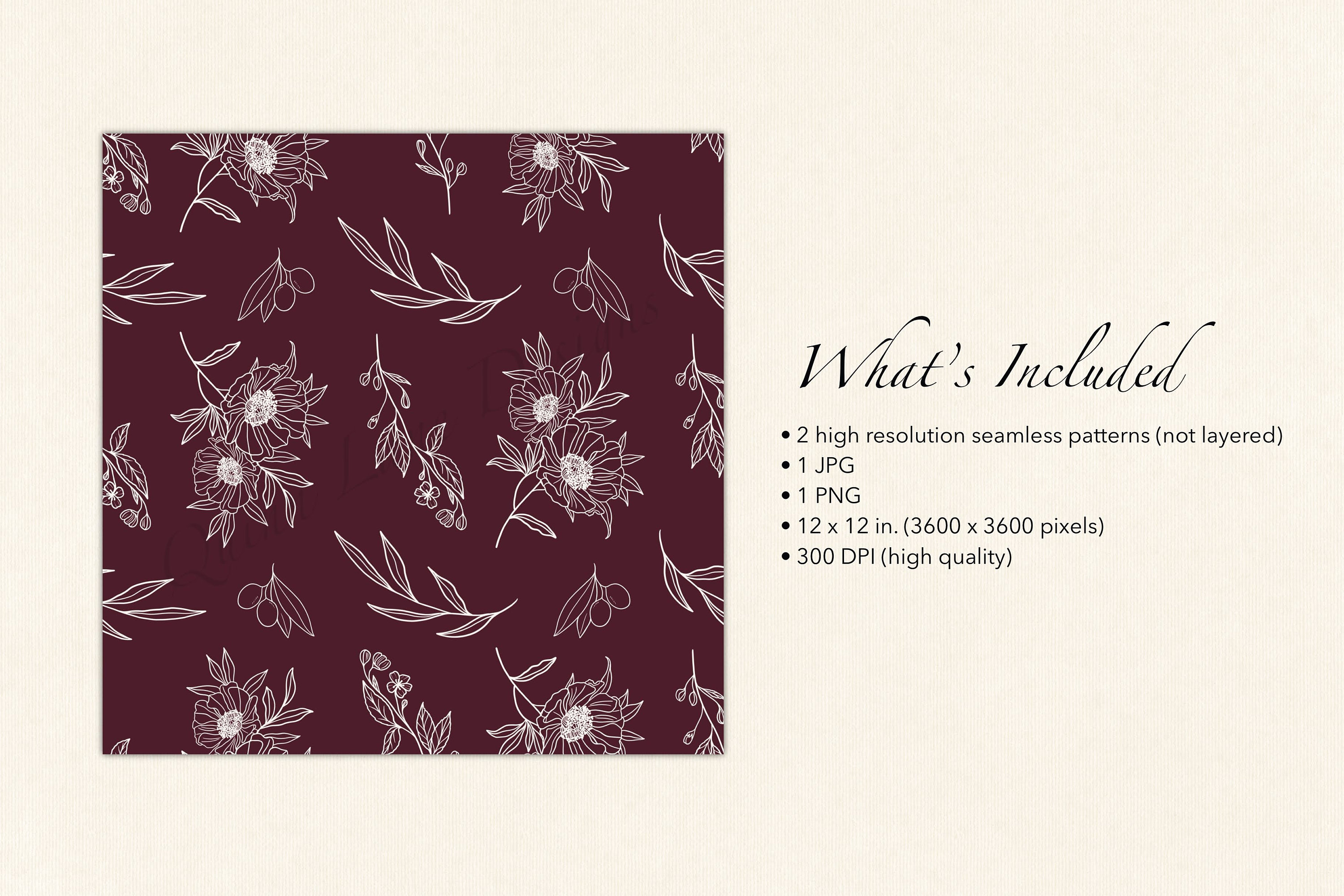 Burgundy Floral Line Art Seamless Pattern (digital Download) - Etsy