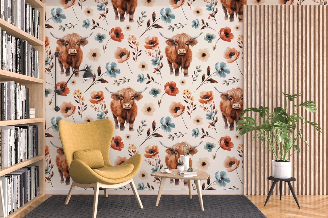 Cute Highland Cow Seamless Pattern, Watercolor Style Flowers, Farm ...