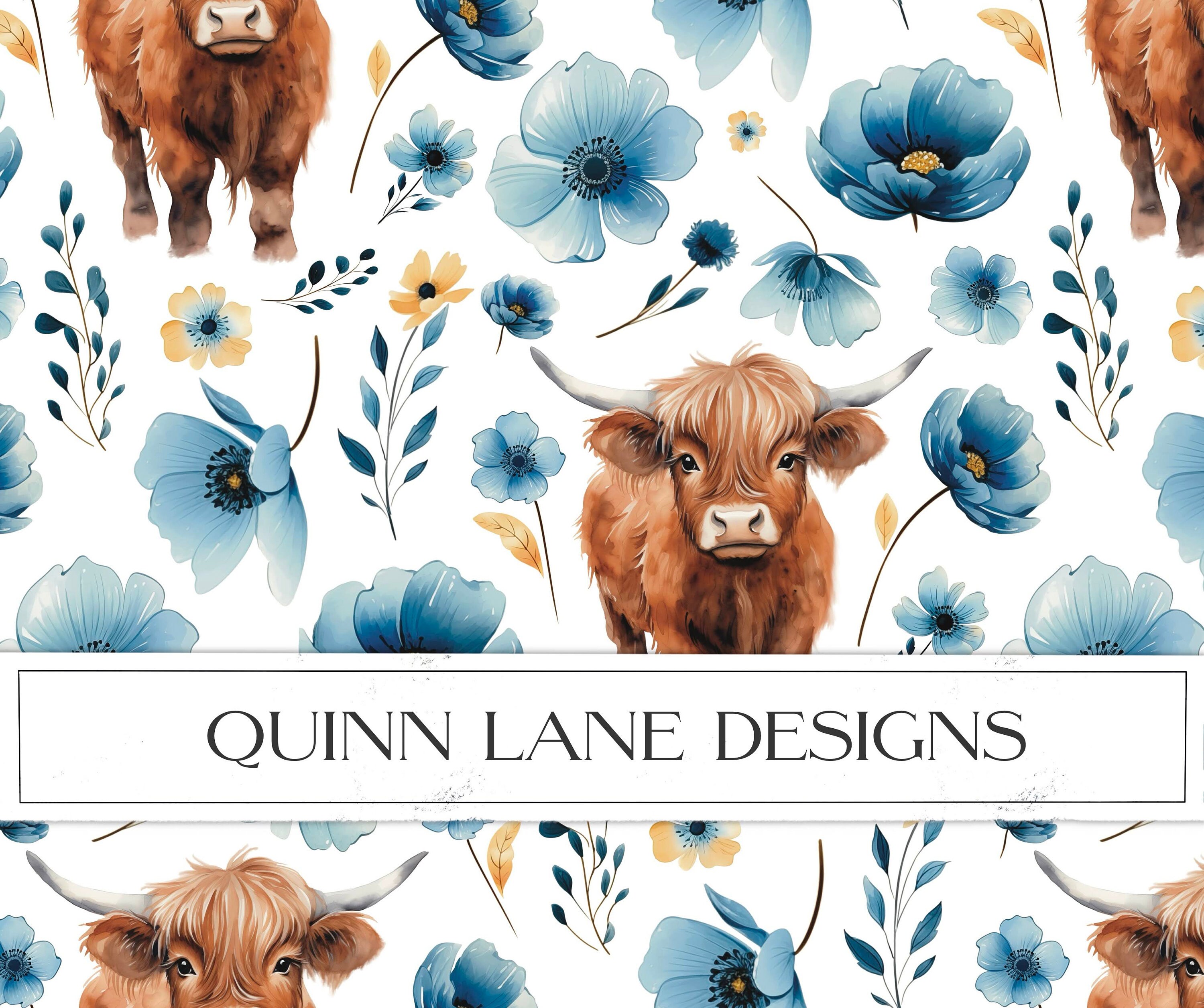 Cute Blue Highland Cow Seamless Pattern, Watercolor Style Flowers, Farm ...