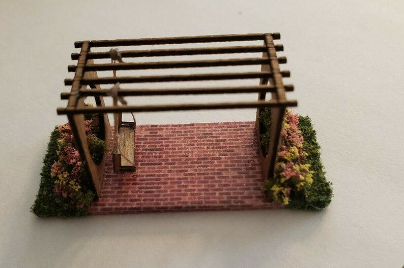 1:144 Miniature Pergola With Swing and Decorative Flower Bushes on Each ...