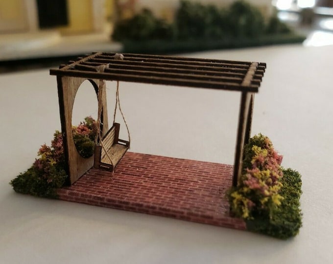 1:144 Miniature Pergola With Swing and Decorative Flower Bushes on Each ...