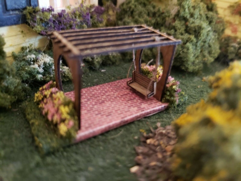 1:144 Miniature Pergola With Swing and Decorative Flower Bushes on Each ...