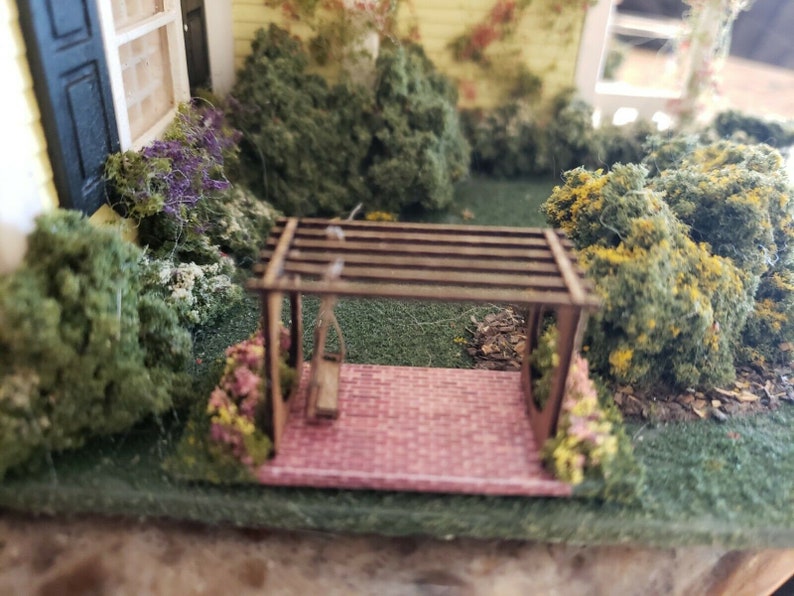 1:144 Miniature Pergola With Swing and Decorative Flower Bushes on Each ...
