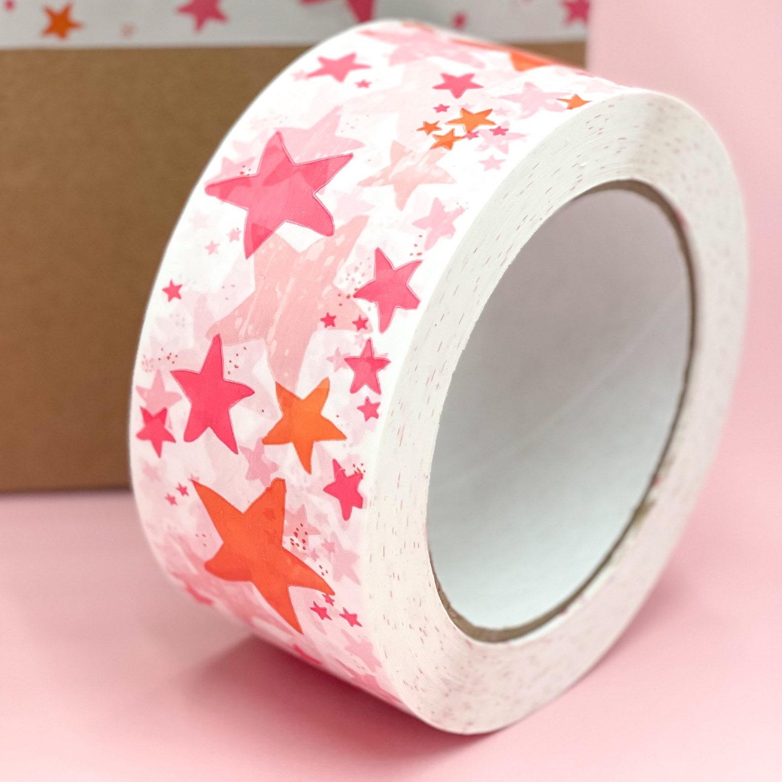 Printed Packaging Tape White With ORANGE PINK Stardust - Etsy
