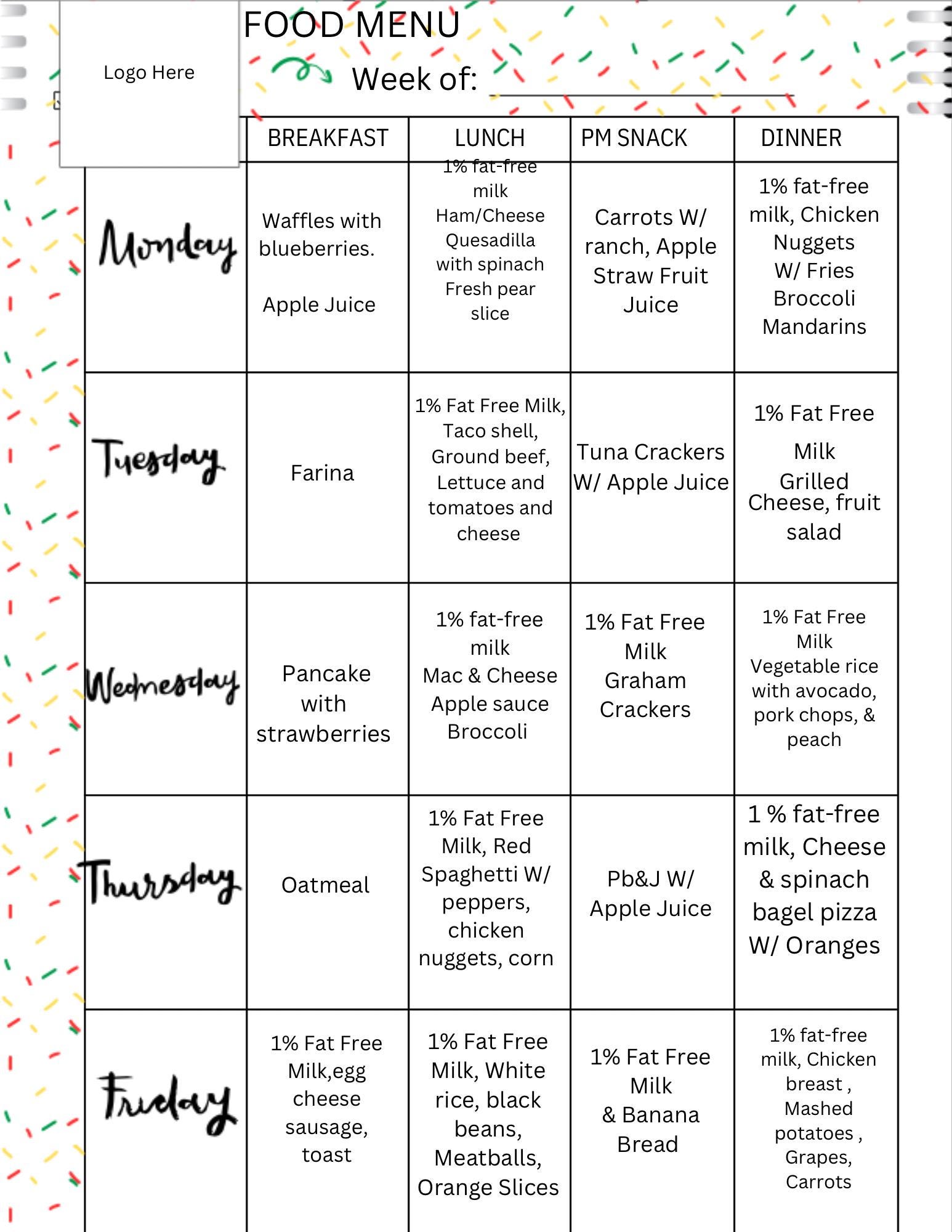 Home Daycare 1- Weekly Food Menu Templates - Etsy