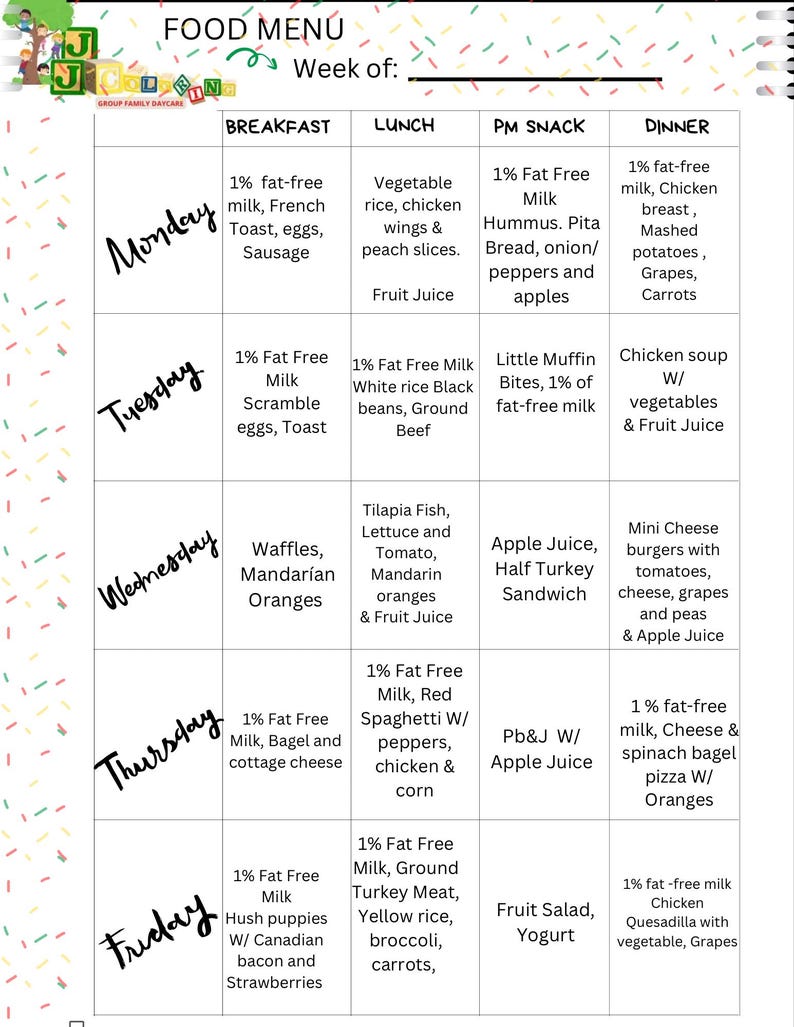 Home Daycare 1- Weekly Food Menu Templates - Etsy