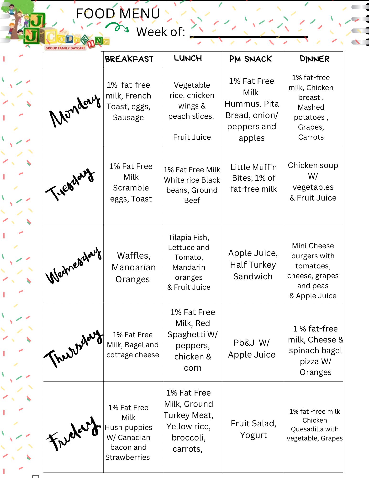 Home Daycare 1- Weekly Food Menu Templates - Etsy