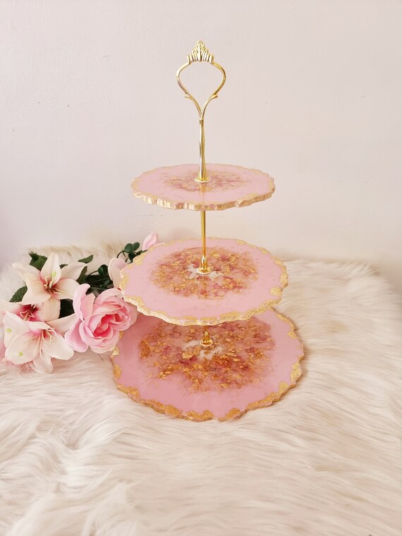 Three Tier Pink Cake Stand With Dried Petals - Etsy UK