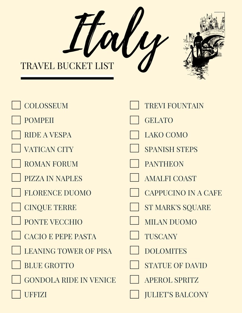 Italy, Travel Bucket List, Travel Checklist, Printable - Etsy