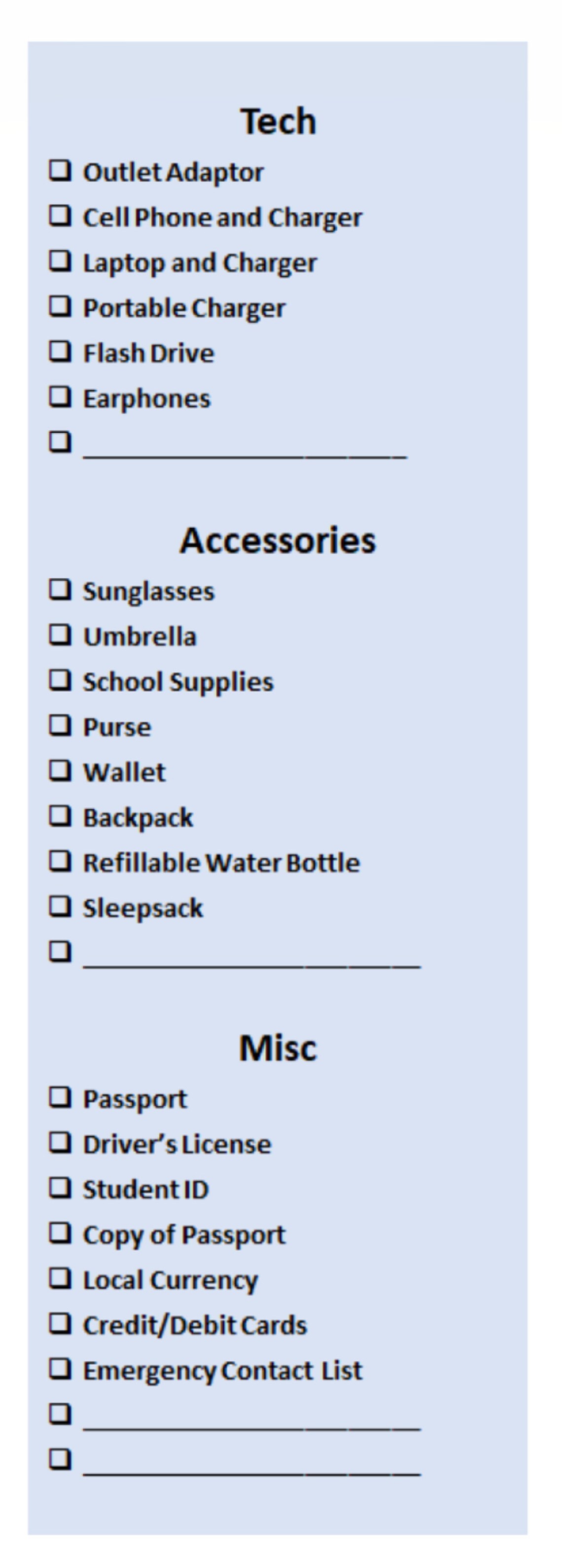 Study Abroad Printable Packing Checklist, Semester Abroad, Flown Abroad ... Study Abroad Printable Packing Checklist, Semester Abroad, Flown Abroad ...