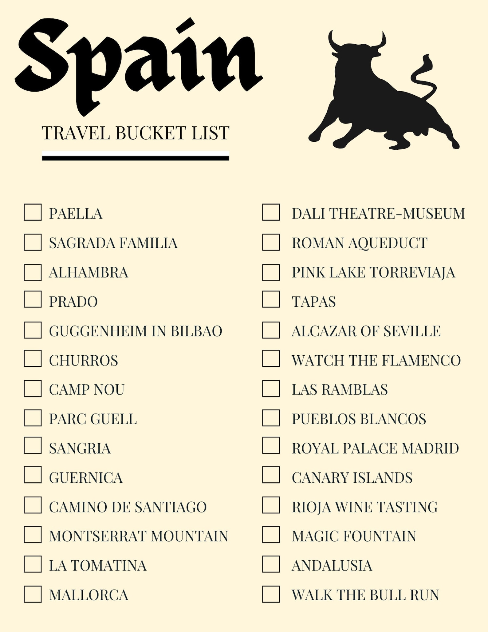 Spain Travel Bucket List Travel Checklist Printable - Etsy