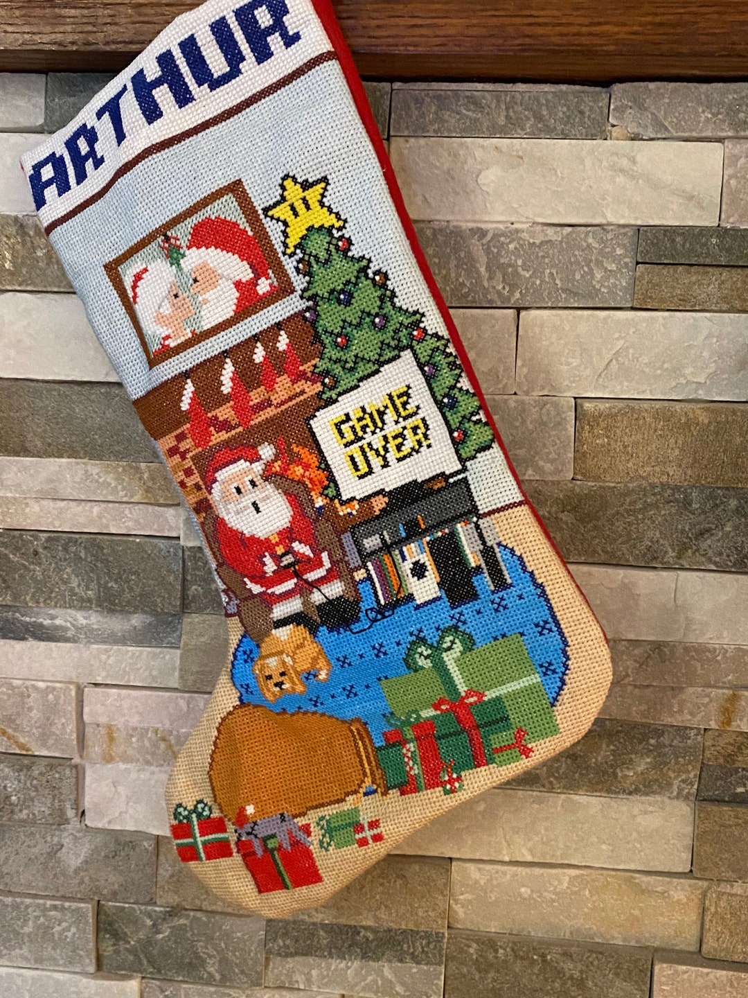 8-bit Santa Playing Video Games Cross Stitch Christmas Stocking Pattern ...
