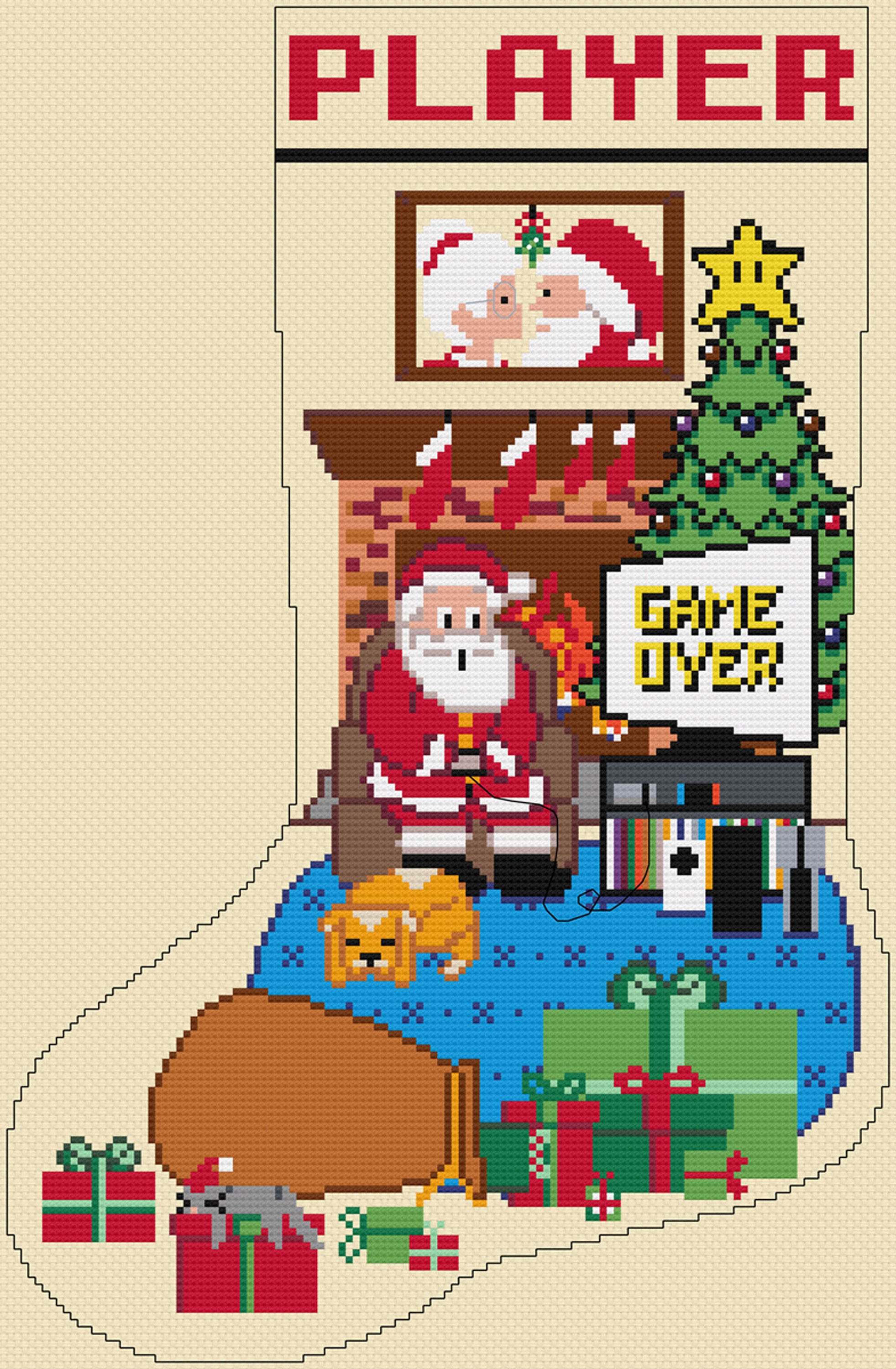 8-bit Santa Playing Video Games Cross Stitch Christmas Stocking Pattern ...