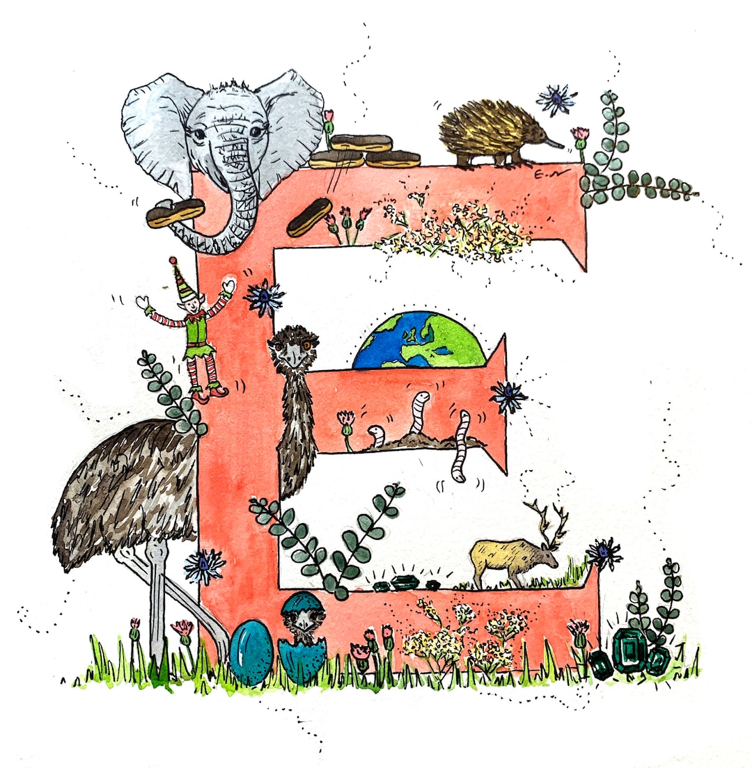 Illustrated Watercolour Alphabet Print - Letter E - Etsy