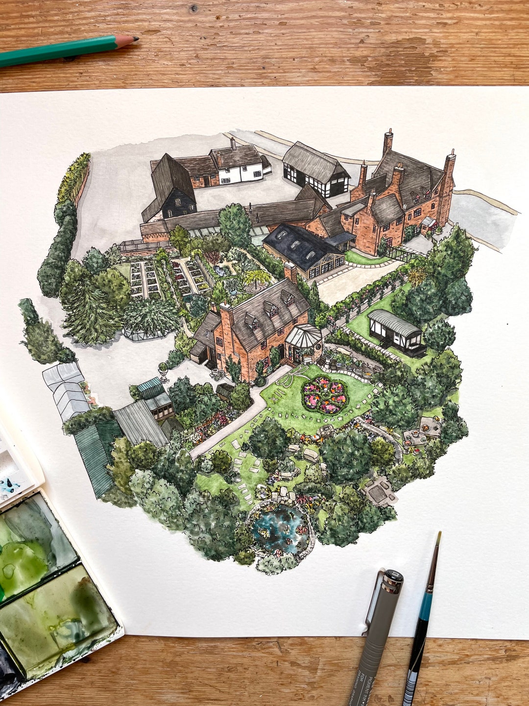 The Hundred House Aerial Map, Shropshire - Watercolour Print ...