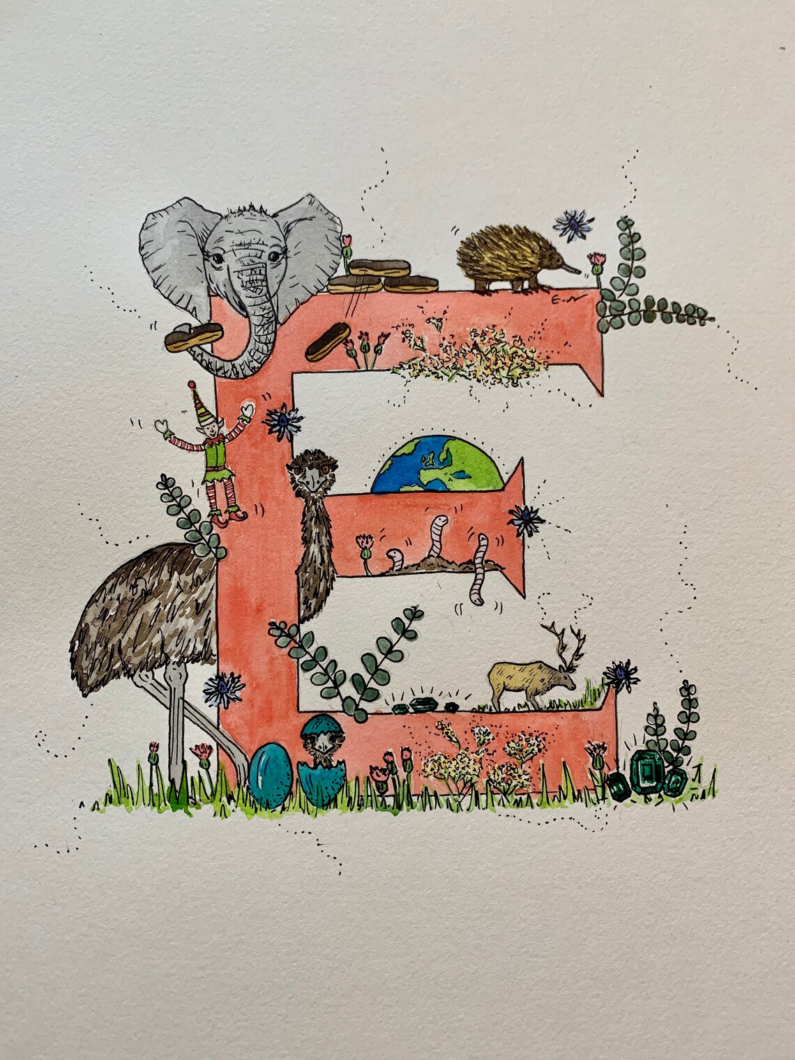 Illustrated Watercolour Alphabet Print Letter E | Etsy